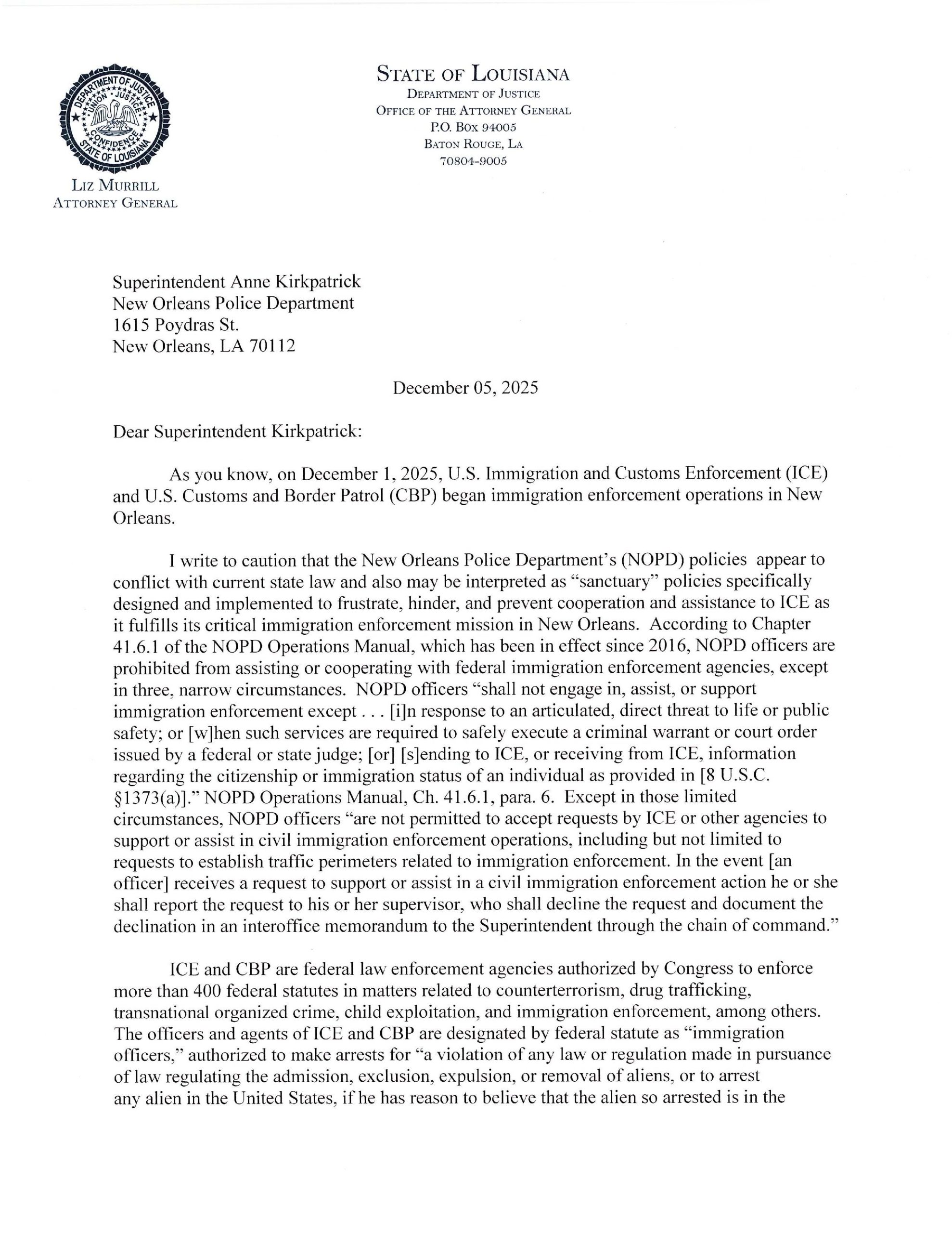 Louisiana AG Murrill Tells New Orleans Top Cop: You Can’t Refuse to ...